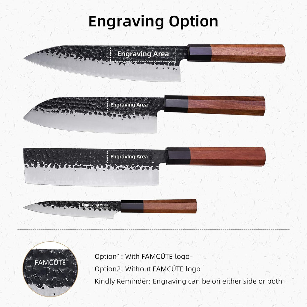 FAMCÜTE Custom Engraved 4 Piece Kitchen Knife Set, Personalized Japane